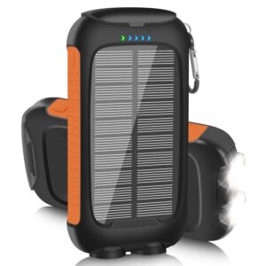 luvknit power-bank-solar-charger - 10000mah power bank, portable charger, external battery pack 5v/3a type c input output dual built-in super bright flashlight, carabiner, solar panel charging