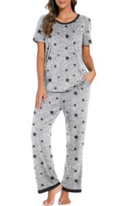 prinstory 2024 womens pajama set short sleeve sleepwear ladies soft pjs lounge set with pockets black star gray-l