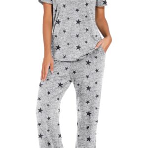 PrinStory 2024 Womens Pajama Set Short Sleeve Sleepwear Ladies Soft Pjs Lounge Set with Pockets Black Star Gray-L