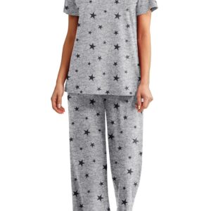 PrinStory 2024 Womens Pajama Set Short Sleeve Sleepwear Ladies Soft Pjs Lounge Set with Pockets Black Star Gray-L