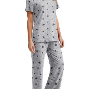 PrinStory 2024 Womens Pajama Set Short Sleeve Sleepwear Ladies Soft Pjs Lounge Set with Pockets Black Star Gray-L