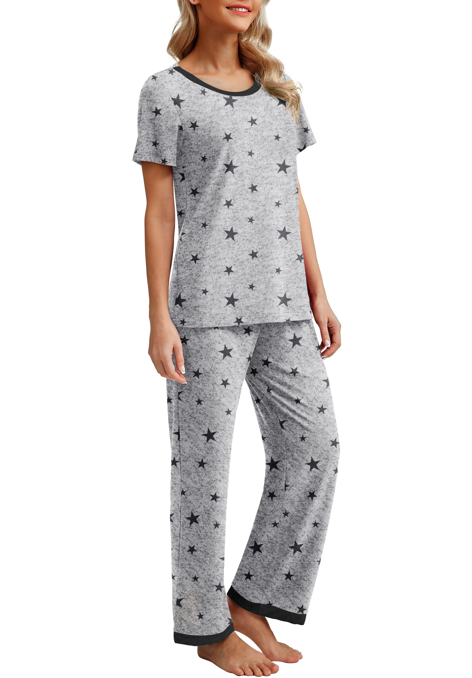 PrinStory 2024 Womens Pajama Set Short Sleeve Sleepwear Ladies Soft Pjs Lounge Set with Pockets Black Star Gray-L