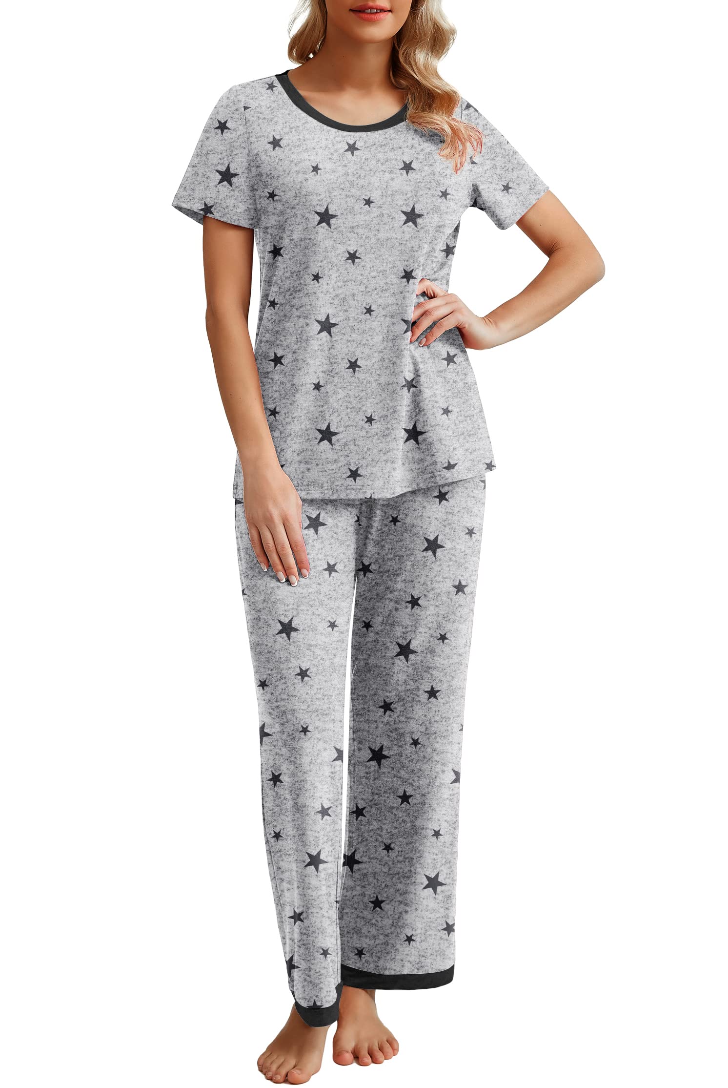 PrinStory 2024 Womens Pajama Set Short Sleeve Sleepwear Ladies Soft Pjs Lounge Set with Pockets Black Star Gray-L