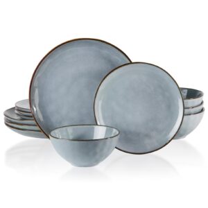 famiware dinnerware sets for 4, ocean round 12-piece kitchen plates and bowls sets, reactive glaze, microwave and dishwasher safe, scratch resistant, blue