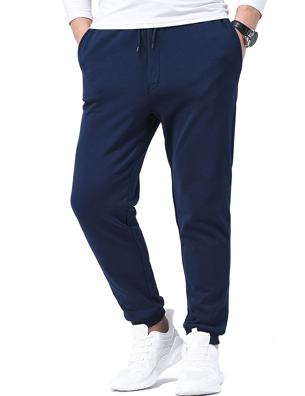 Zoulee Classic Drawstring-Waist Zipper Logo Jogger Pants with Zipper Fly Navy Blue 2XL