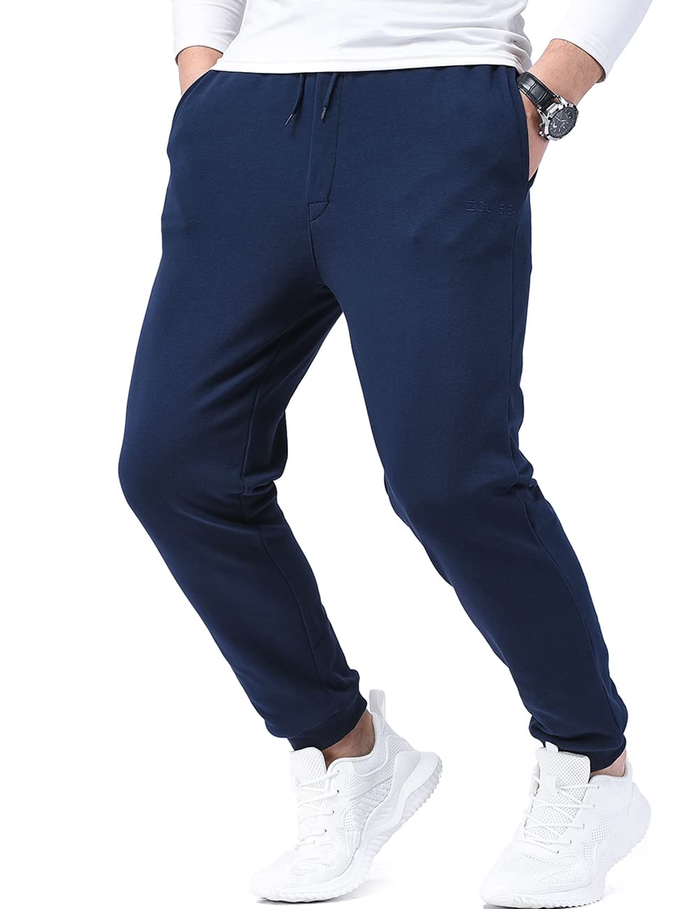 Zoulee Classic Drawstring-Waist Zipper Logo Jogger Pants with Zipper Fly Navy Blue 2XL