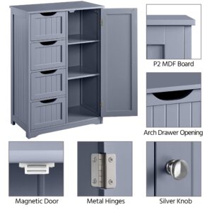 Yaheetech Large Bathroom Floor Cabinet with 4 Dawers and Single Door Cabinet, Freestanding Storage Cabinet for Living Room Kitchen Hallway, Gray