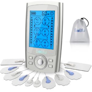 belifu dual channel tens ems unit 24 modes muscle stimulator for pain relief therapy, electronic pulse massager muscle massager with 10 pads, dust-proof drawstring storage bag, fastening cable ties