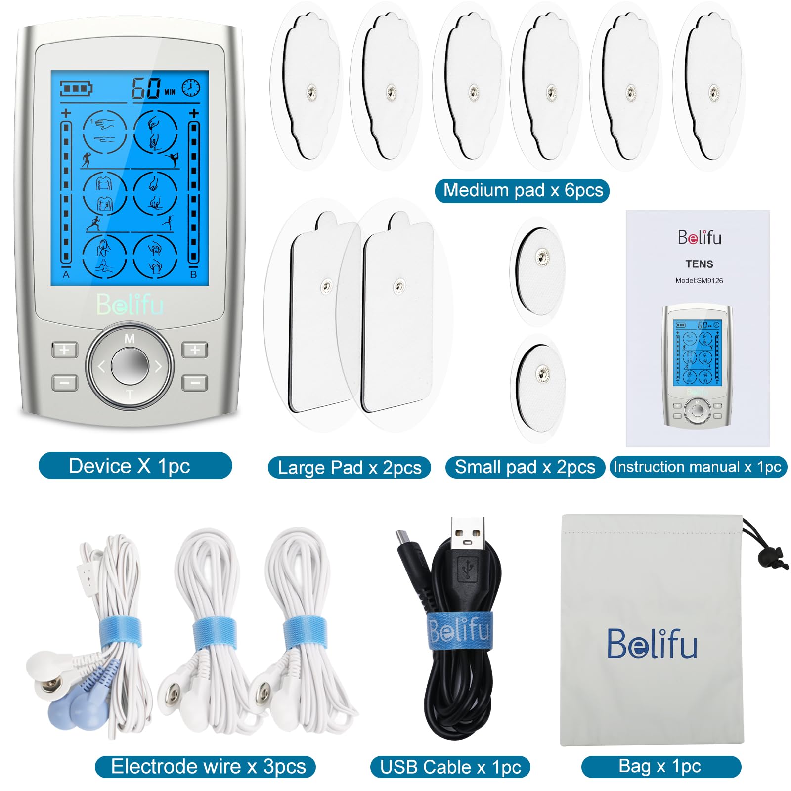 Belifu Dual Channel TENS EMS Unit 24 Modes Muscle Stimulator for Pain Relief Therapy, Electronic Pulse Massager Muscle Massager with 10 Pads, Dust-Proof Drawstring Storage Bag, Fastening Cable Ties