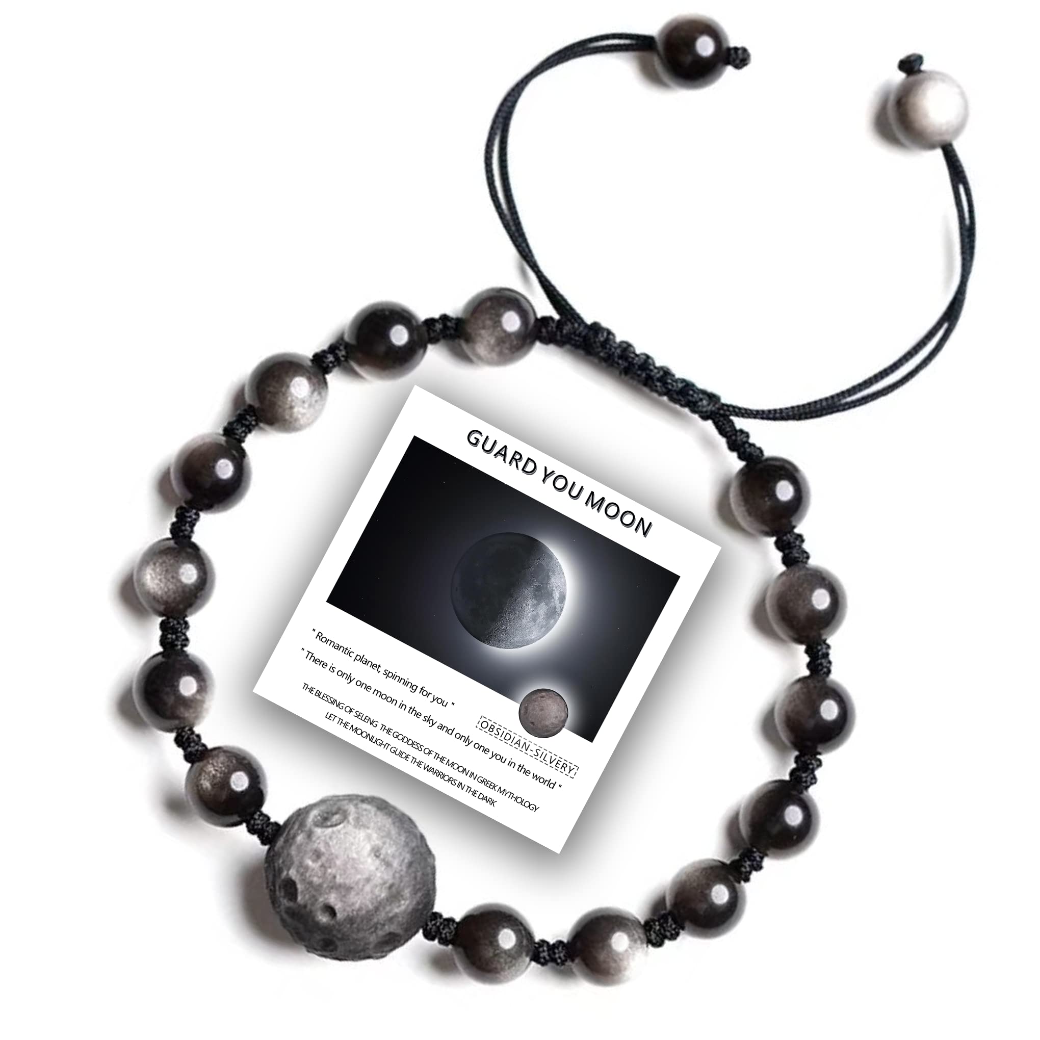 8MM Silver Obsidian Moon Bracelet - Solar System Planet Bracelet - Adjustable Beaded Bracelets For Teen Girls - Charm Bracelets Matching Bracelet Friendship Couple Bracelets