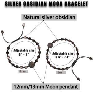 8MM Silver Obsidian Moon Bracelet - Solar System Planet Bracelet - Adjustable Beaded Bracelets For Teen Girls - Charm Bracelets Matching Bracelet Friendship Couple Bracelets