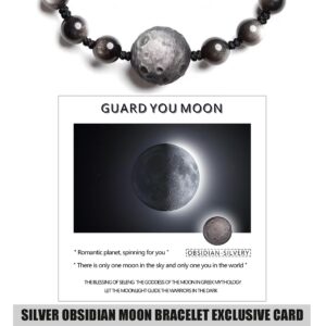 8MM Silver Obsidian Moon Bracelet - Solar System Planet Bracelet - Adjustable Beaded Bracelets For Teen Girls - Charm Bracelets Matching Bracelet Friendship Couple Bracelets