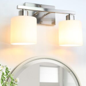 canmeijia 2-light bathroom vanity light fixtures brushed nickel, morden vanity wall scones lighting for bedroom living room, vanity lights with milky white glass shades, e26 socket, bulbs not included