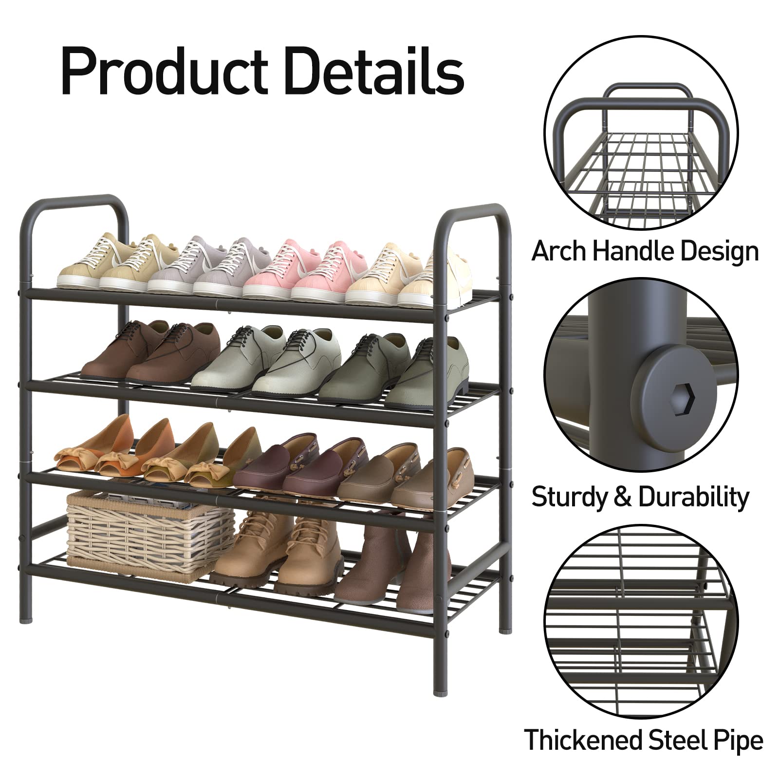 Huhote Metal Shoe Rack 4 Tiers Black Iron Mesh Freestanding Shoe Organizer Storage Shelf, Storage Rack Space Saving Shoe Stand Shoe Shelf Garage Shelving for Entryway, Hallway, Living Room,Closet