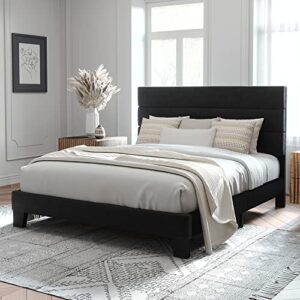 allewie queen size platform bed frame with velvet upholstered headboard and wooden slats support, fully upholstered mattress foundation/no box spring needed/easy assembly, black