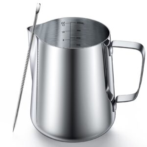 12 ounces stainless steel milk frothing pitcher, measurements on both sides, espresso machine accessories, latte art cup with insulated handle, creamer pitcher for single-serve, no-drip or spillage