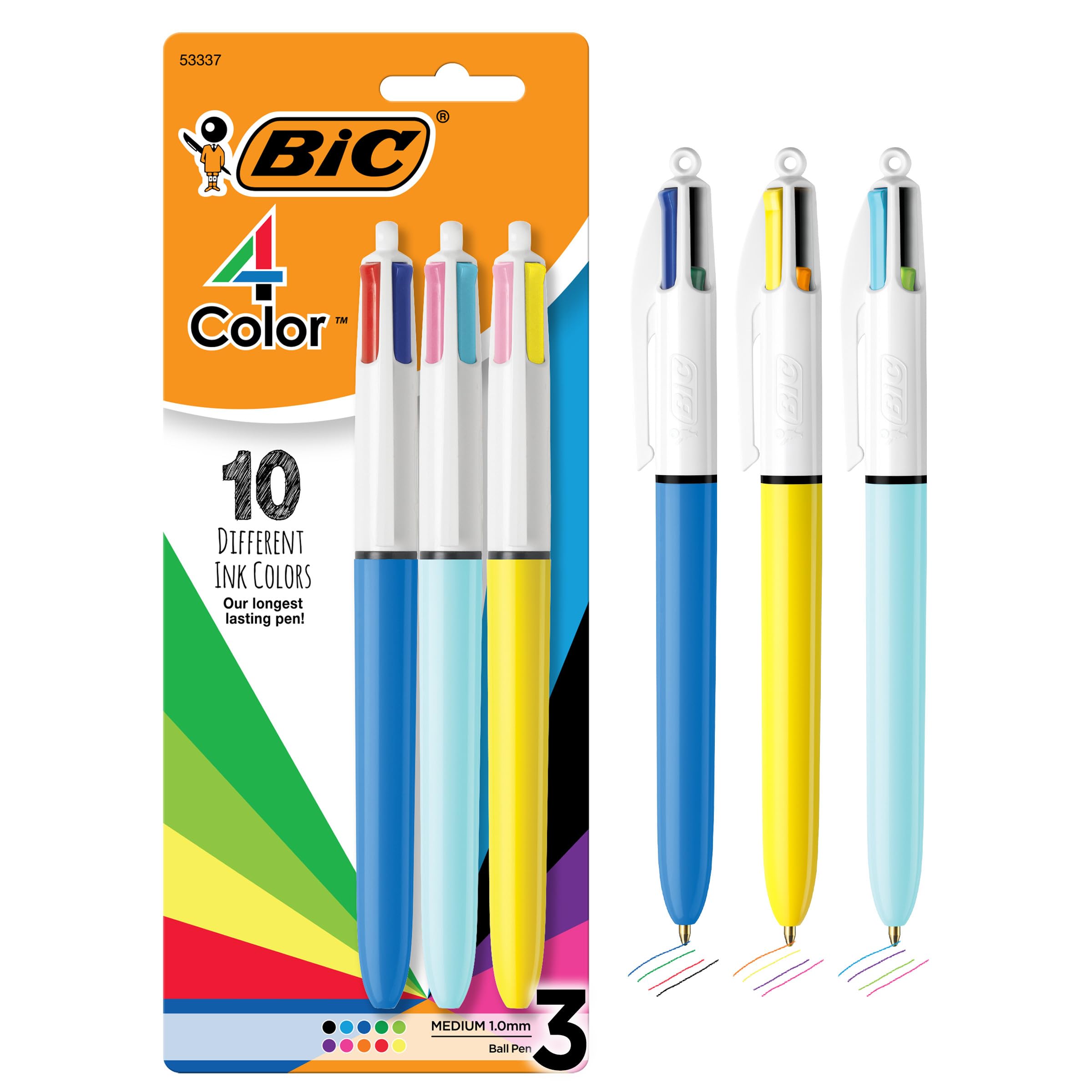 BIC 4-Color Original and Fashion Retractable Ball Pens, Medium Point (1.0mm), 3-Count Pack, Retractable Ball Pen With Long-Lasting Colorful Ink