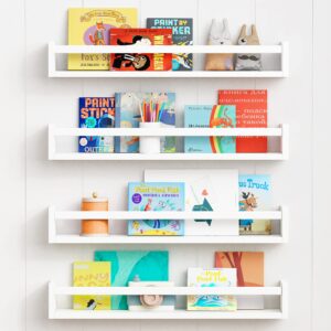 forbena 24 inch wall bookshelf for kids bedroom set of 4, white floating nursery book shelves for baby toddler children girls boys room decor, large wood wall mount bookshelves and toy storage