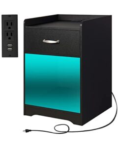 weenfon nightstand with charging station and led lights, nightstands with usb ports & outlets, small night stands for bedroom, black