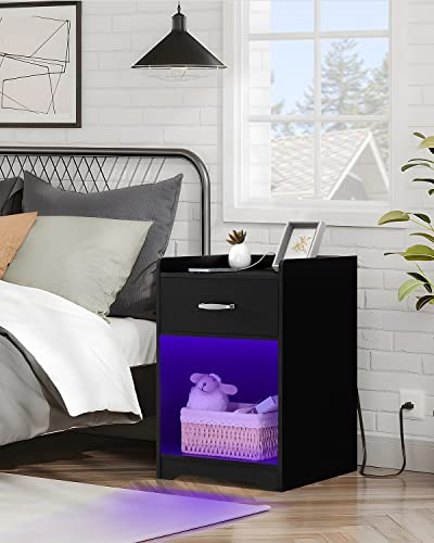 WEENFON Nightstand with Charging Station and LED Lights, Nightstands with USB Ports & Outlets, Small Night Stands for Bedroom, Black