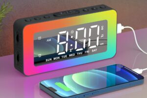 kids alarm clock for bedroom, mirrored digital clock with 8 rgb night lights, 0%-100% dimmable, sleep aid, 8 sleep sounds, dual alarms, snooze, usb charger, ideal gifts for teenage boys girls