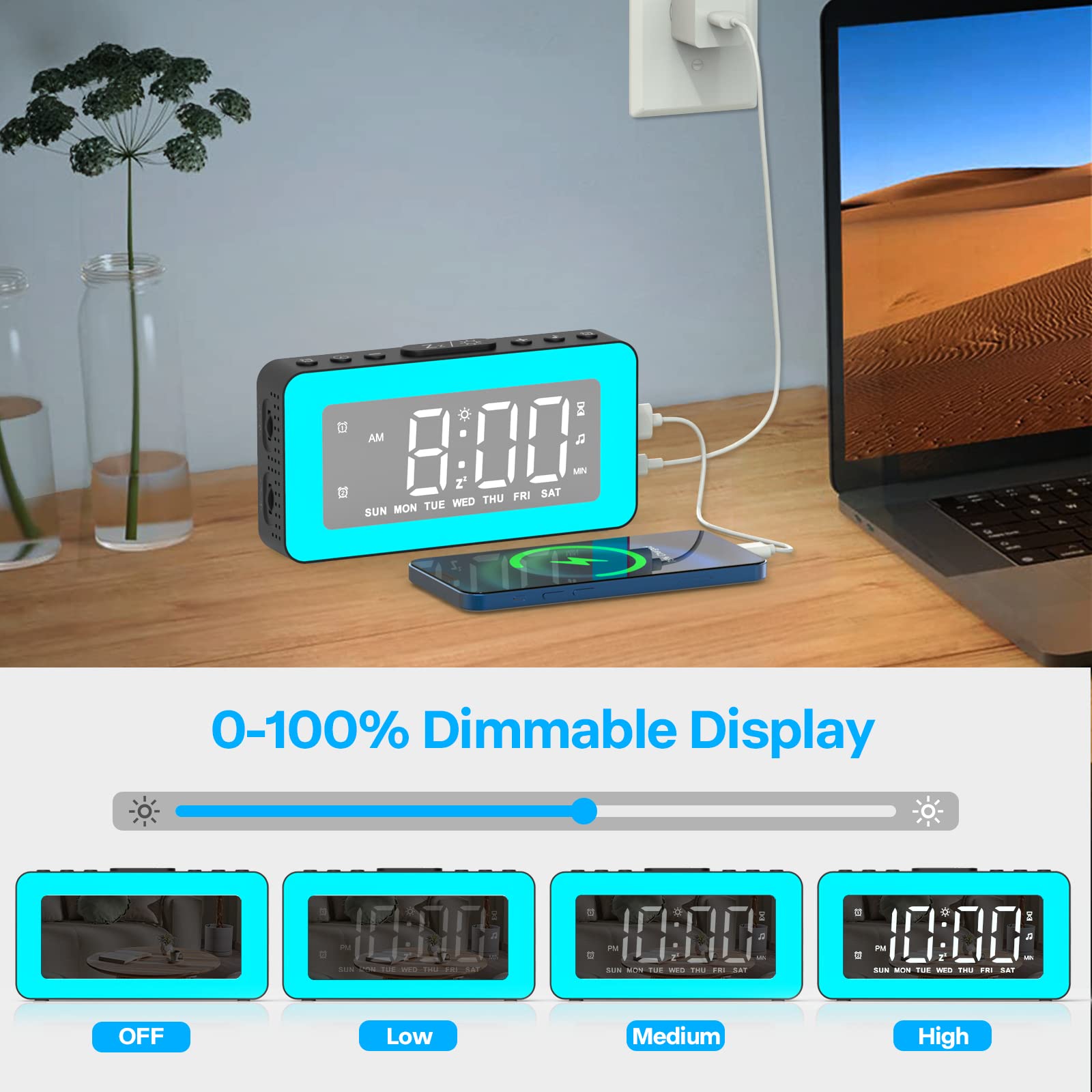 Kids Alarm Clock for Bedroom, Mirrored Digital Clock with 8 RGB Night Lights, 0%-100% Dimmable, Sleep Aid, 8 Sleep Sounds, Dual Alarms, Snooze, USB Charger, Ideal Gifts for Teenage Boys Girls