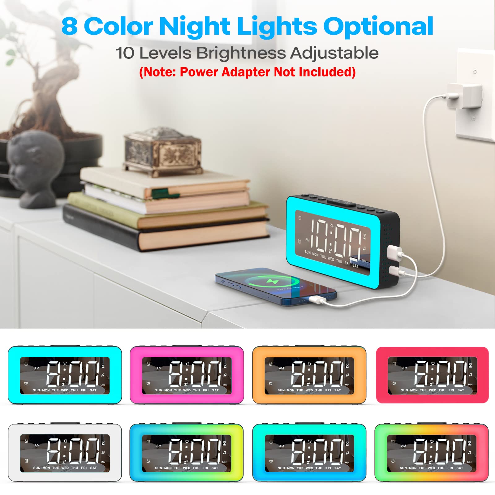 Kids Alarm Clock for Bedroom, Mirrored Digital Clock with 8 RGB Night Lights, 0%-100% Dimmable, Sleep Aid, 8 Sleep Sounds, Dual Alarms, Snooze, USB Charger, Ideal Gifts for Teenage Boys Girls