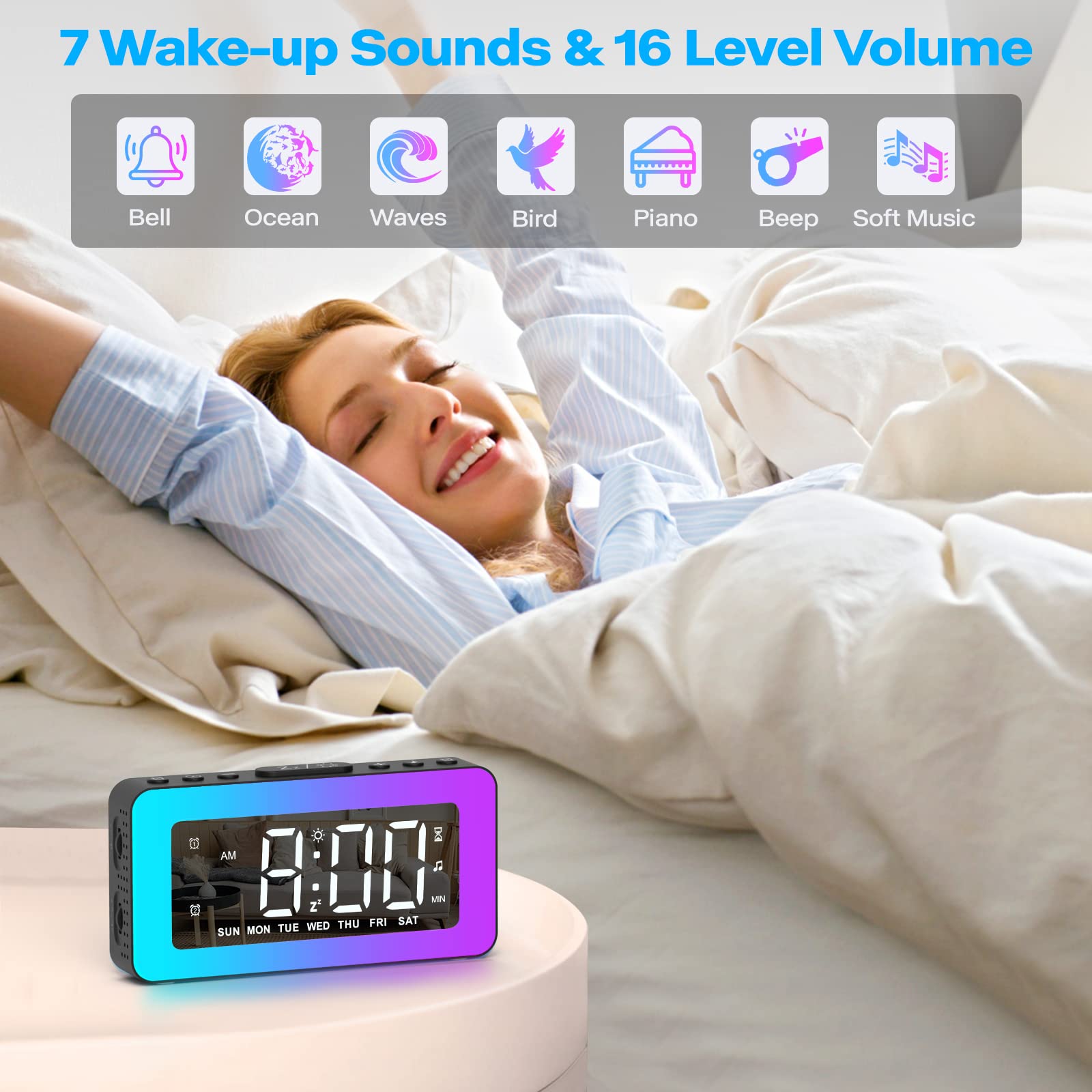 Kids Alarm Clock for Bedroom, Mirrored Digital Clock with 8 RGB Night Lights, 0%-100% Dimmable, Sleep Aid, 8 Sleep Sounds, Dual Alarms, Snooze, USB Charger, Ideal Gifts for Teenage Boys Girls