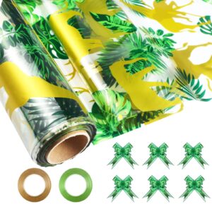 geyee safari cellophane wrap roll with pull bows and ribbons 98 feet x 32 inches cellophane wrap jungle animal gift wrapping paper for jungle safari baby shower birthday summer party supplies