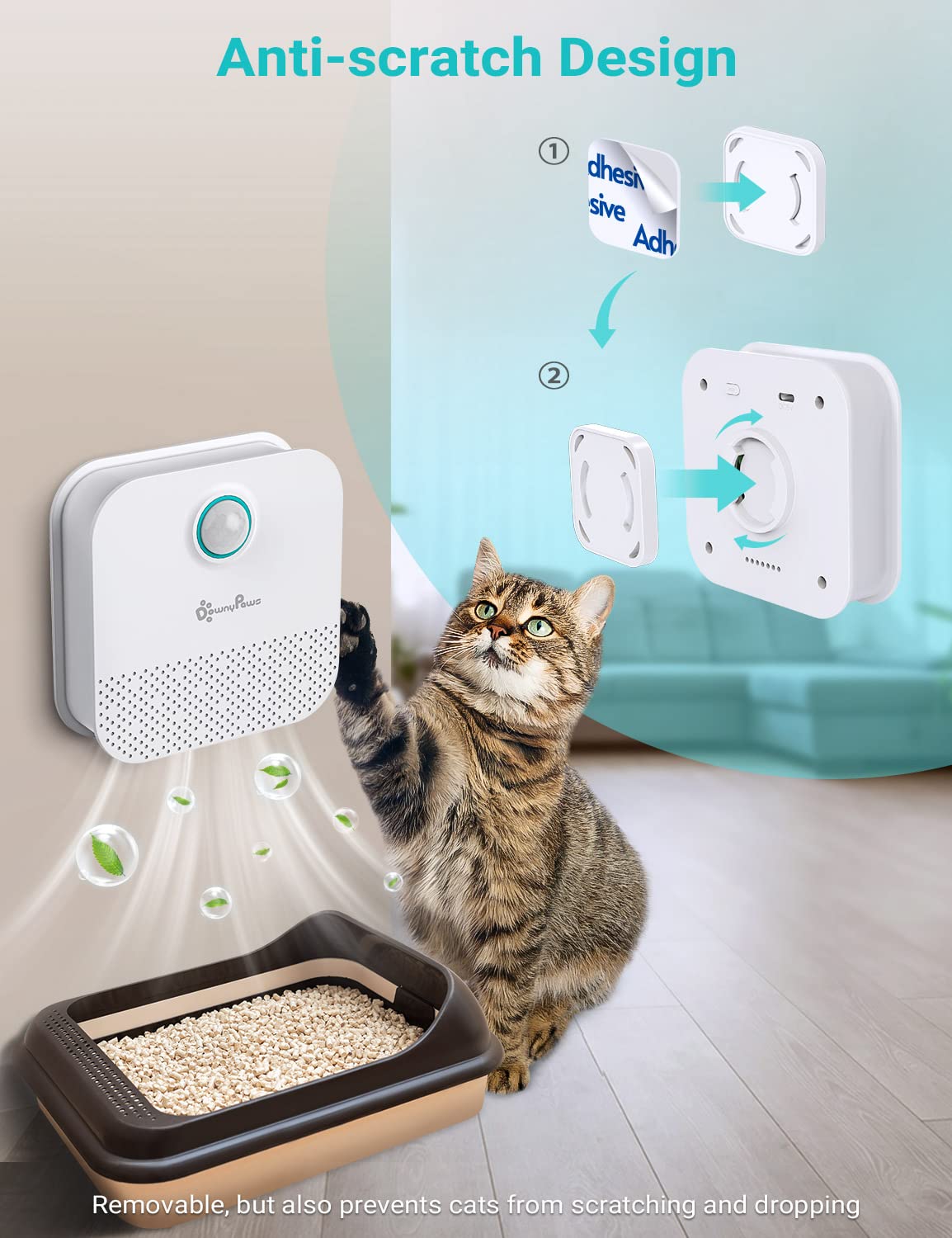 DownyPaws Cat Litter Deodorizer, Rechargeable 4000 mAh Odor Eliminator Cat Litter Box, Dust-Free, 14-Day Battery Life, No Consumables