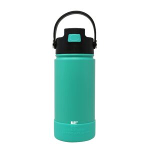 hydraflow hybrid kids water bottle with flip straw lid and boot - triple wall vacuum insulated water bottle (14oz, caribbean green) stainless steel metal thermos, reusable leak proof bpa-free