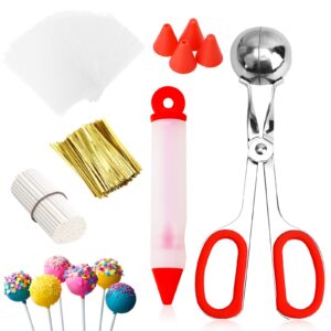 cake pop kit, including 100 cake pop sticks and wrappers, 100 twist ties, 1 cake pop scooper and decorating pen, cake pops making tools for lollipop, candies, chocolates and cookies,red