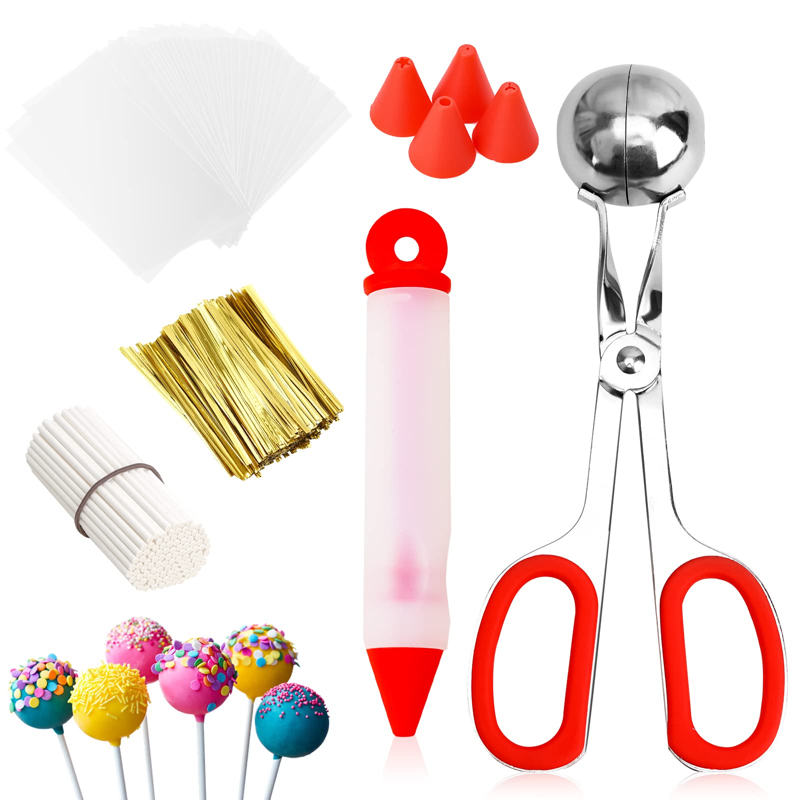 Cake Pop Kit, Including 100 Cake Pop Sticks and Wrappers, 100 Twist Ties, 1 Cake Pop Scooper and Decorating Pen, Cake Pops Making Tools for Lollipop, Candies, Chocolates and Cookies,red