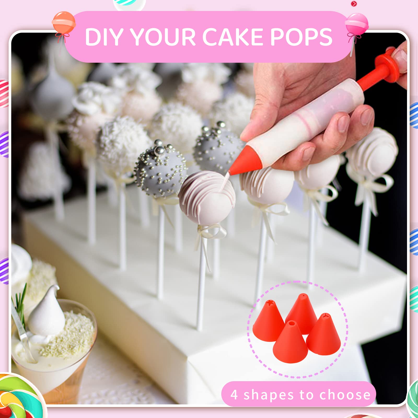 Cake Pop Kit, Including 100 Cake Pop Sticks and Wrappers, 100 Twist Ties, 1 Cake Pop Scooper and Decorating Pen, Cake Pops Making Tools for Lollipop, Candies, Chocolates and Cookies,red