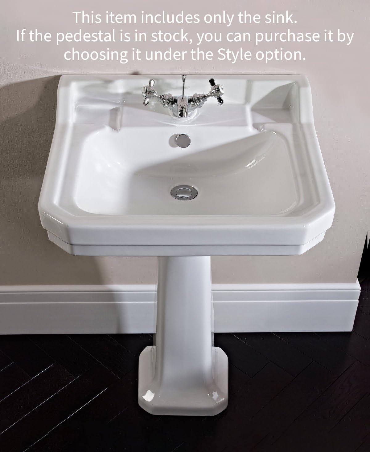 AMASHEN 24" Victoria Sink Without Pedestal, Rectangular Ceramic Bathroom Sink with Single Hole and Overflow, White (Sink Only)