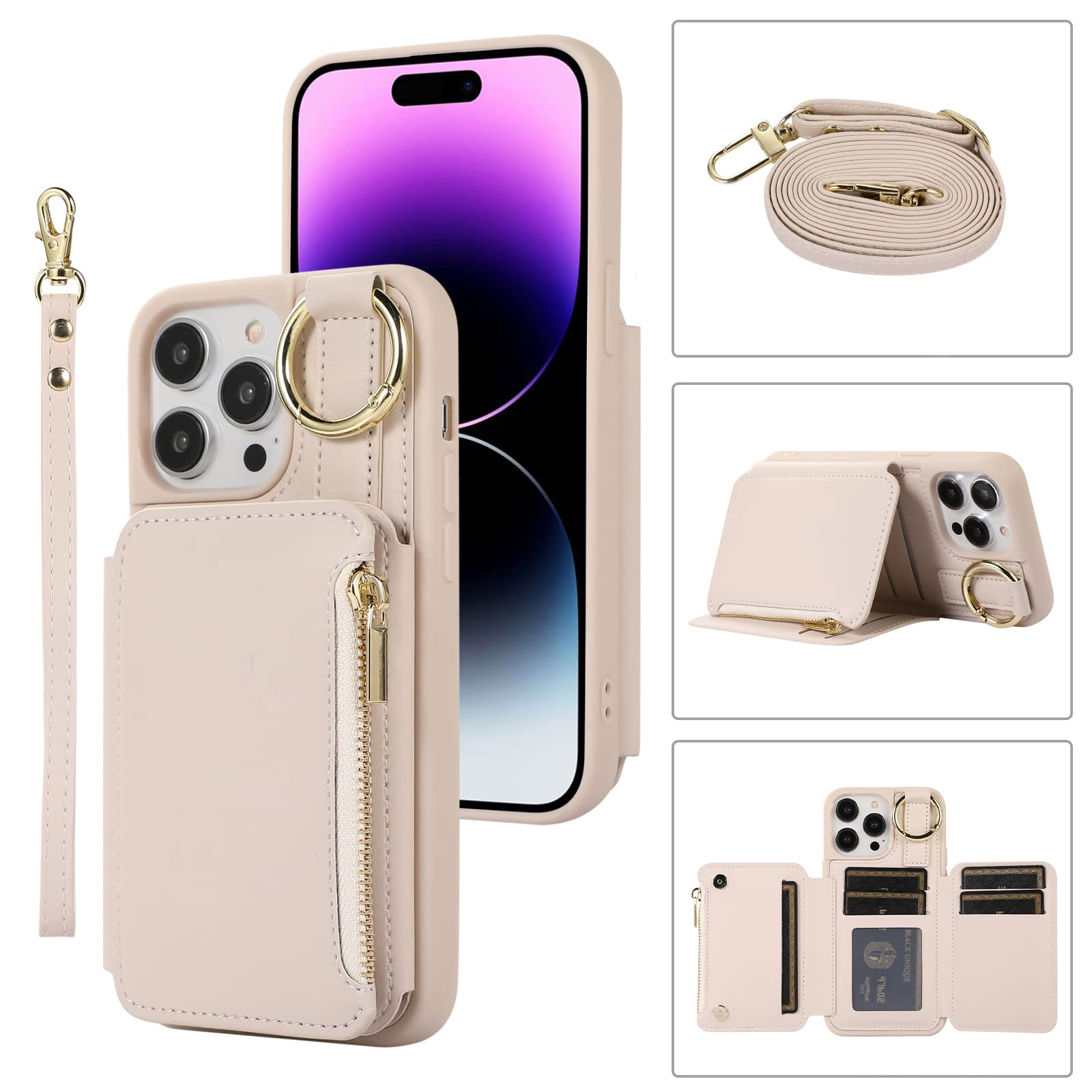 Furiet Wallet Case for iPhone 12 Pro iPhone12 6.1 with Wrist and Shoulder Strap Card Holder Ring Flip Zipper Pocket PU Leather 6+ Slots RFID Blocking Phone Cover for iPhone12pro 5G i 12s 12pro Beige