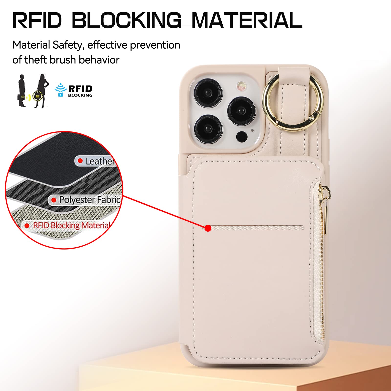 Furiet Wallet Case for iPhone 12 Pro iPhone12 6.1 with Wrist and Shoulder Strap Card Holder Ring Flip Zipper Pocket PU Leather 6+ Slots RFID Blocking Phone Cover for iPhone12pro 5G i 12s 12pro Beige