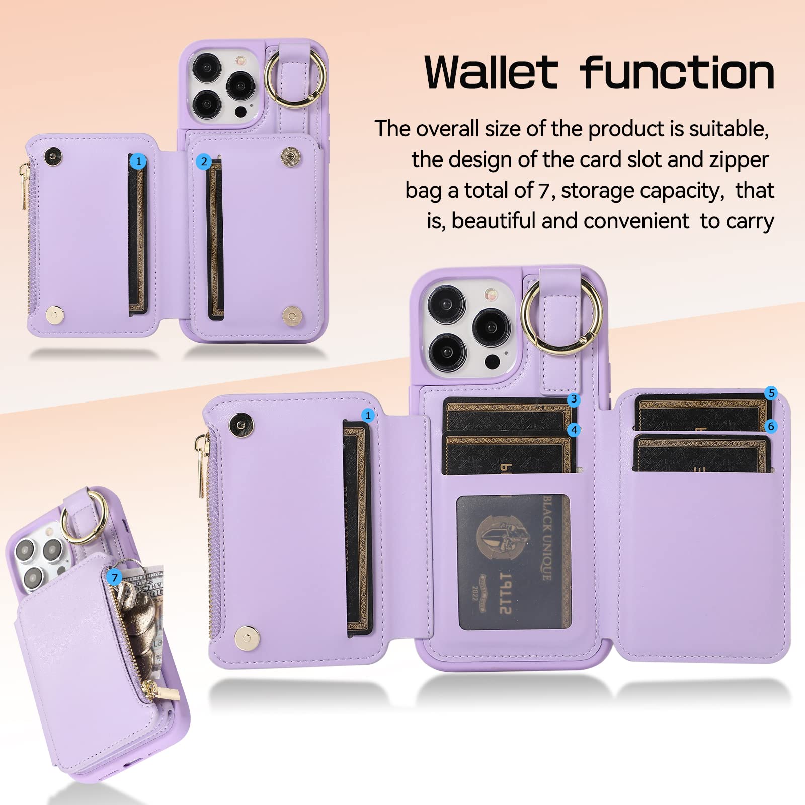 Furiet Wallet Case for iPhone 13 Pro 6.1 inch with Wrist and Shoulder Strap Card Holder Ring Stand Flip Zipper Leather 6+ Slots RFID Phone Cover for iPhone13Pro 5G i i-Phone i13 iPhone13 13Pro Purple