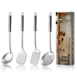 pleafind 4-pcs cooking utensils set, stainless steel kitchen utensils, wok utensils set include wok ladle, slotted spoon, wok spatula and slotted spatula, dishwasher safe