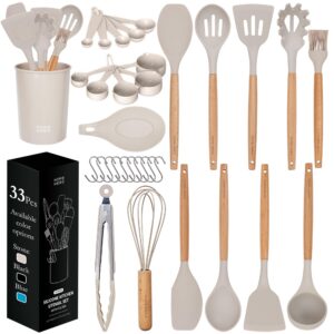 home hero 33 pcs kitchen cooking utensils set, non-stick silicone cooking kitchen utensils spatula set with holder, wooden handle silicone kitchen gadgets utensil set (33 pcs - khaki)