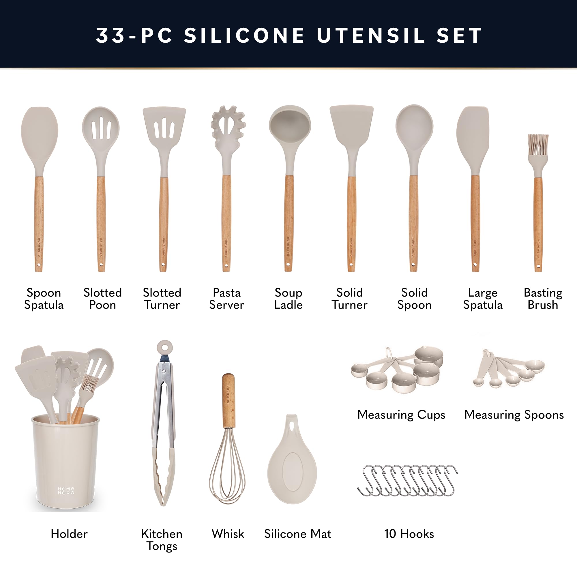 Home Hero 33 Pcs Kitchen Cooking Utensils Set, Non-Stick Silicone Cooking Kitchen Utensils Spatula Set with Holder, Wooden Handle Silicone Kitchen Gadgets Utensil Set (33 Pcs - Khaki)