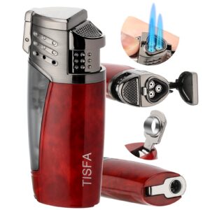 tisfa torch lighter triple jet flame cigar lighter, refillable butane lighter with built in cigar punch and fuel visible window, adjustable windproof pocket lighters for smoking with gift box (red)