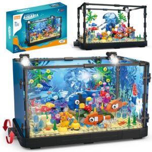 vocrev fish tank building block set for adults and kids lighting aquarium building block toys for boys girls age 8-14 including ocean jellyfish, turtle, dolphin, crab, fish 725pcs - jellyfish