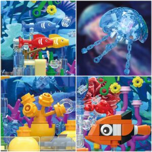 Vocrev Fish Tank Building Block Set for Adults and Kids Lighting Aquarium Building Block Toys for Boys Girls Age 8-14 Including Ocean Jellyfish, Turtle, Dolphin, Crab, Fish 725pcs - Jellyfish