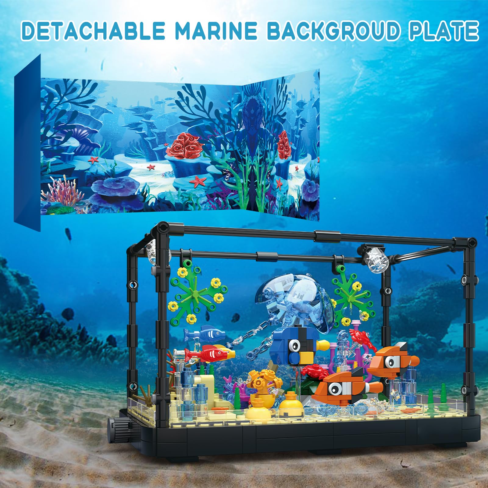 Vocrev Fish Tank Building Block Set for Adults and Kids Lighting Aquarium Building Block Toys for Boys Girls Age 8-14 Including Ocean Jellyfish, Turtle, Dolphin, Crab, Fish 725pcs - Jellyfish