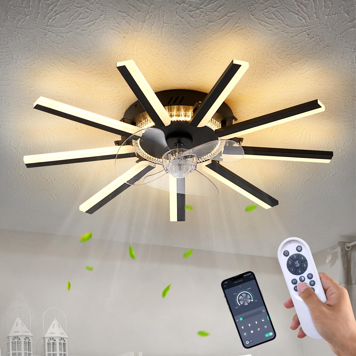 HuixuTe 27" Ceiling Fan with Lights Remote Control, 3 Colors 6 Speeds Personalized Fashion Geometric Ceiling Fan, Black Low Profile Ceiling Fan with Light for Kitchen Bedroom