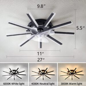 HuixuTe 27" Ceiling Fan with Lights Remote Control, 3 Colors 6 Speeds Personalized Fashion Geometric Ceiling Fan, Black Low Profile Ceiling Fan with Light for Kitchen Bedroom