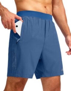 pudolla men's workout running shorts with 3 zipper pockets lightweight 7" gym shorts for men athletic walking hiking(dusty blue medium)