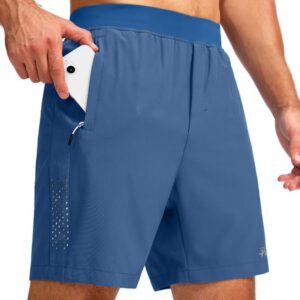 Pudolla Men's Workout Running Shorts with 3 Zipper Pockets Lightweight 7" Gym Shorts for Men Athletic Walking Hiking(Dusty Blue Medium)