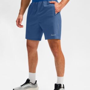 Pudolla Men's Workout Running Shorts with 3 Zipper Pockets Lightweight 7" Gym Shorts for Men Athletic Walking Hiking(Dusty Blue Medium)